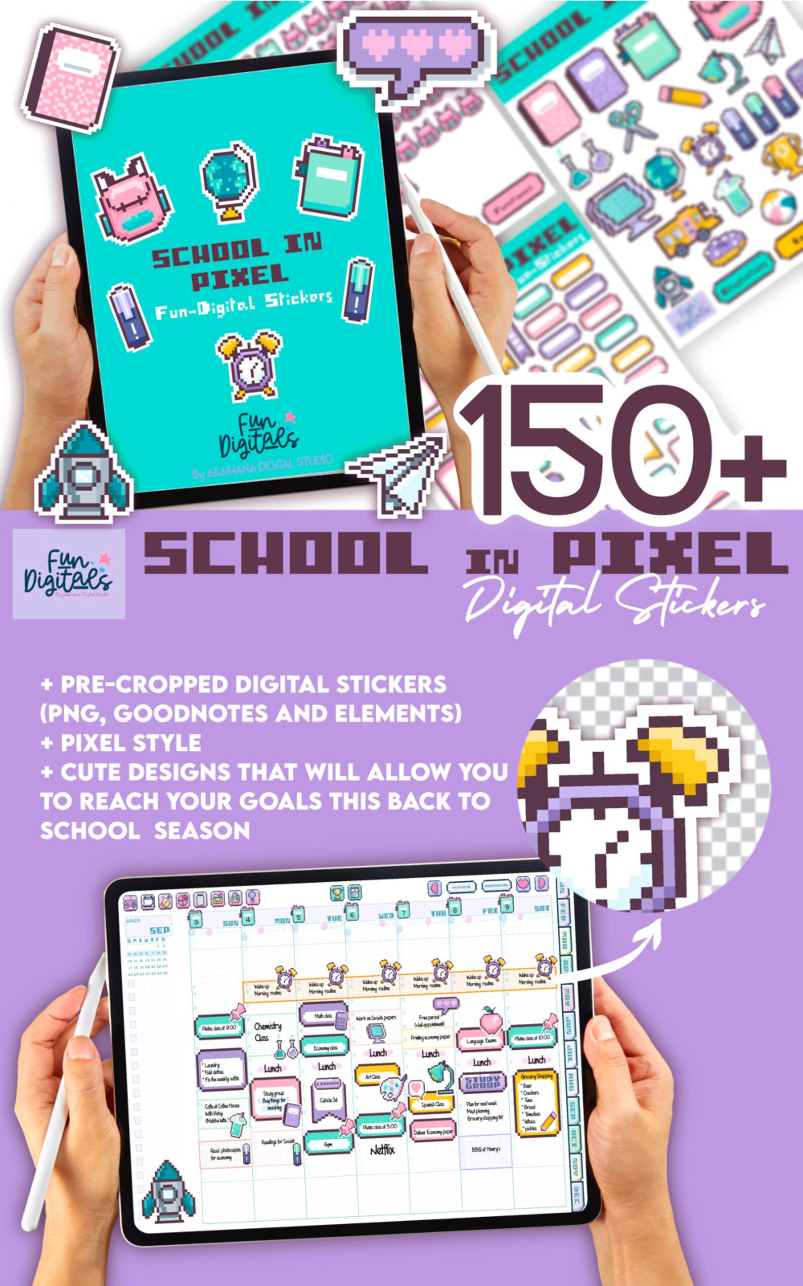 Back to School Pixel Digital Stickers Illustrated, Labels and ...
