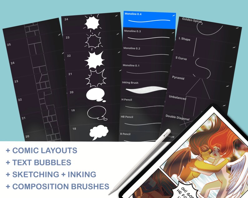 Comics and Graphicel Procreate Brushes Page Layouts, Text Bubbles, Inking and Sketching Brushes ...