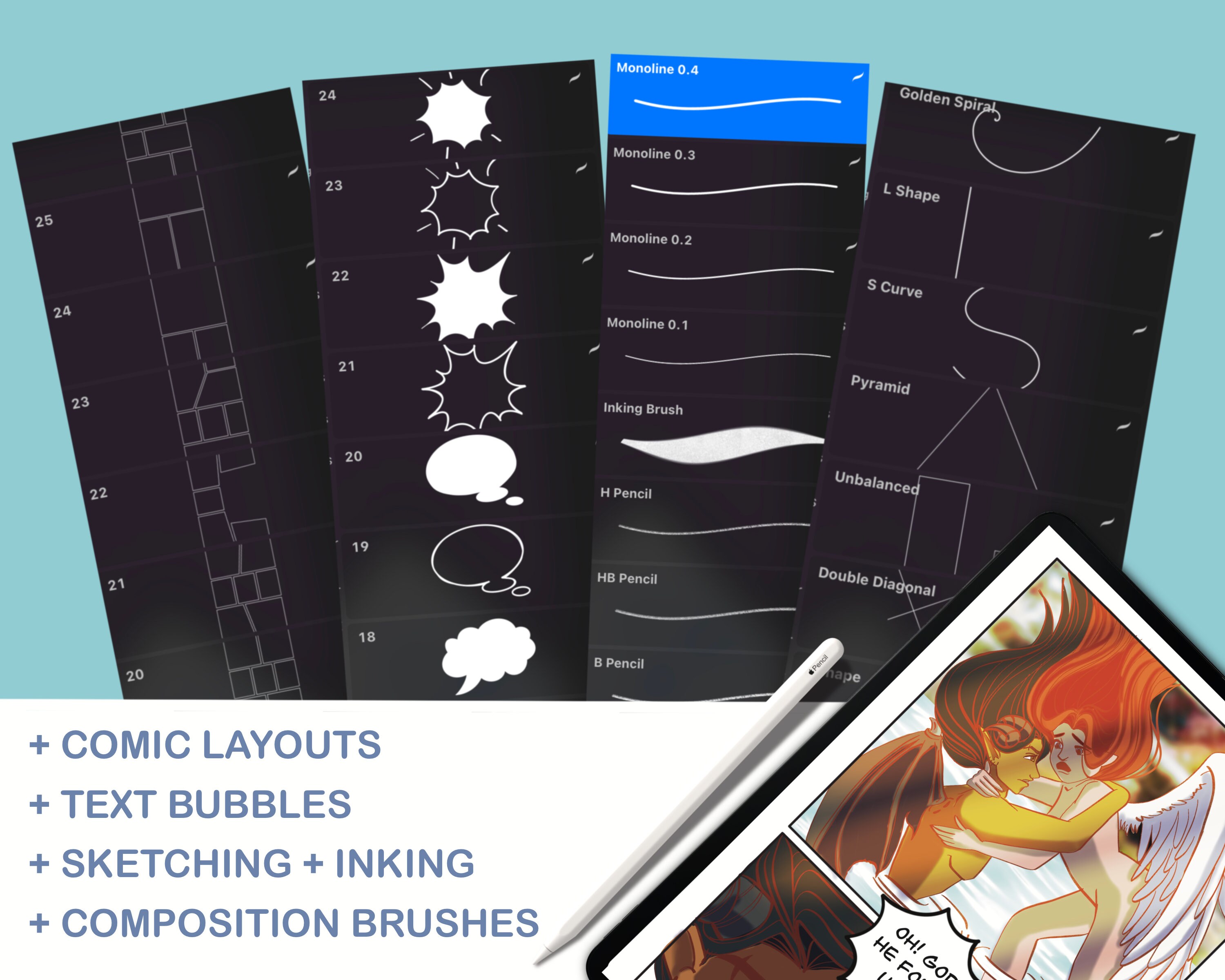 Comics and Graphicel Procreate Brushes Page Layouts, Text Bubbles ...