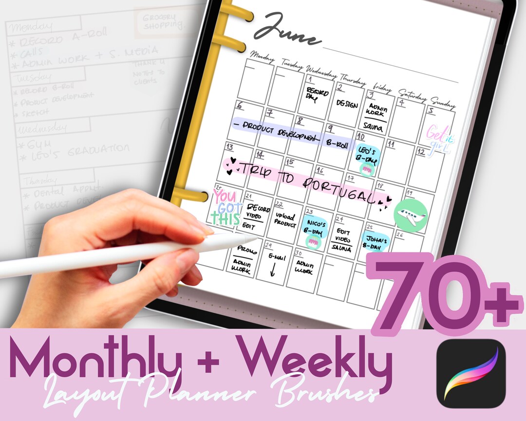 Monthly and Weekly Planner Layouts Procreate Brushes Planner Spreads ...