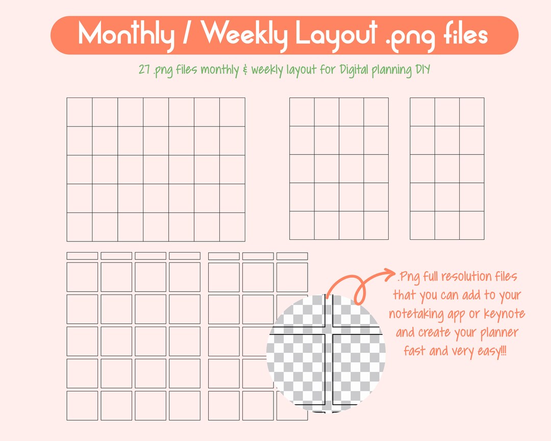 Monthly and Weekly Layout .PNG Files for Digital Planner DIY Pre ...