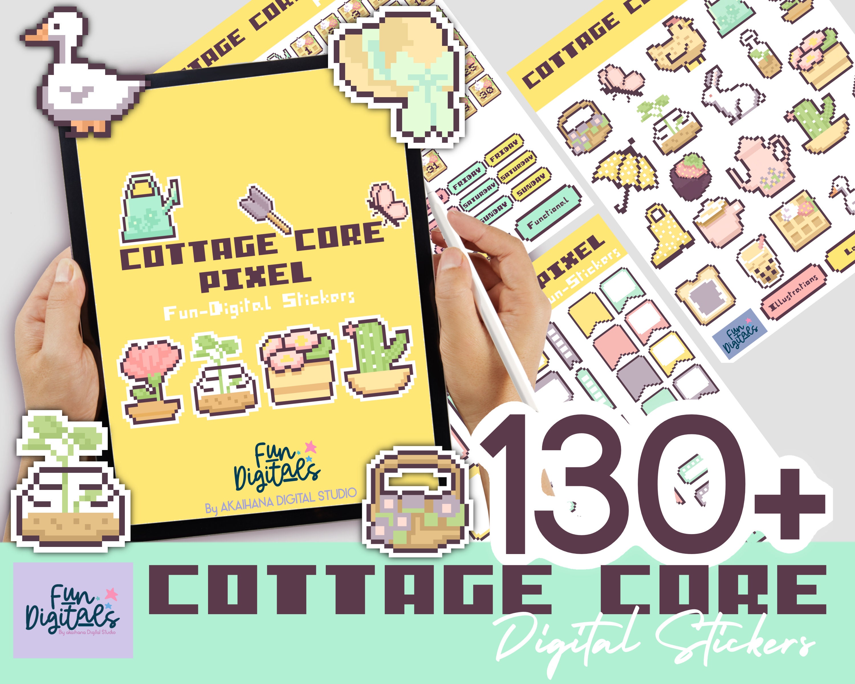 Cottage Core Pixel Digital Stickers Illustrated, Labels, Functional Stickers Pre-cropped PNG ...