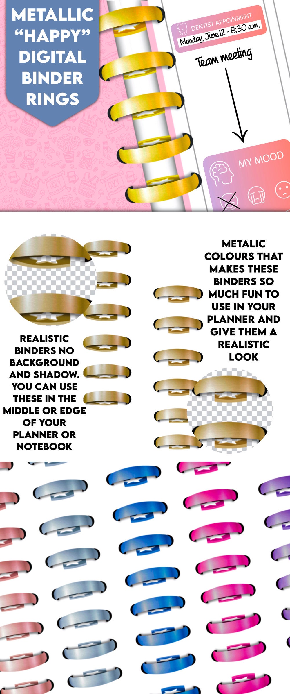 Metallic and Realistic happy Planner Binder Rings .PNG Files for ...