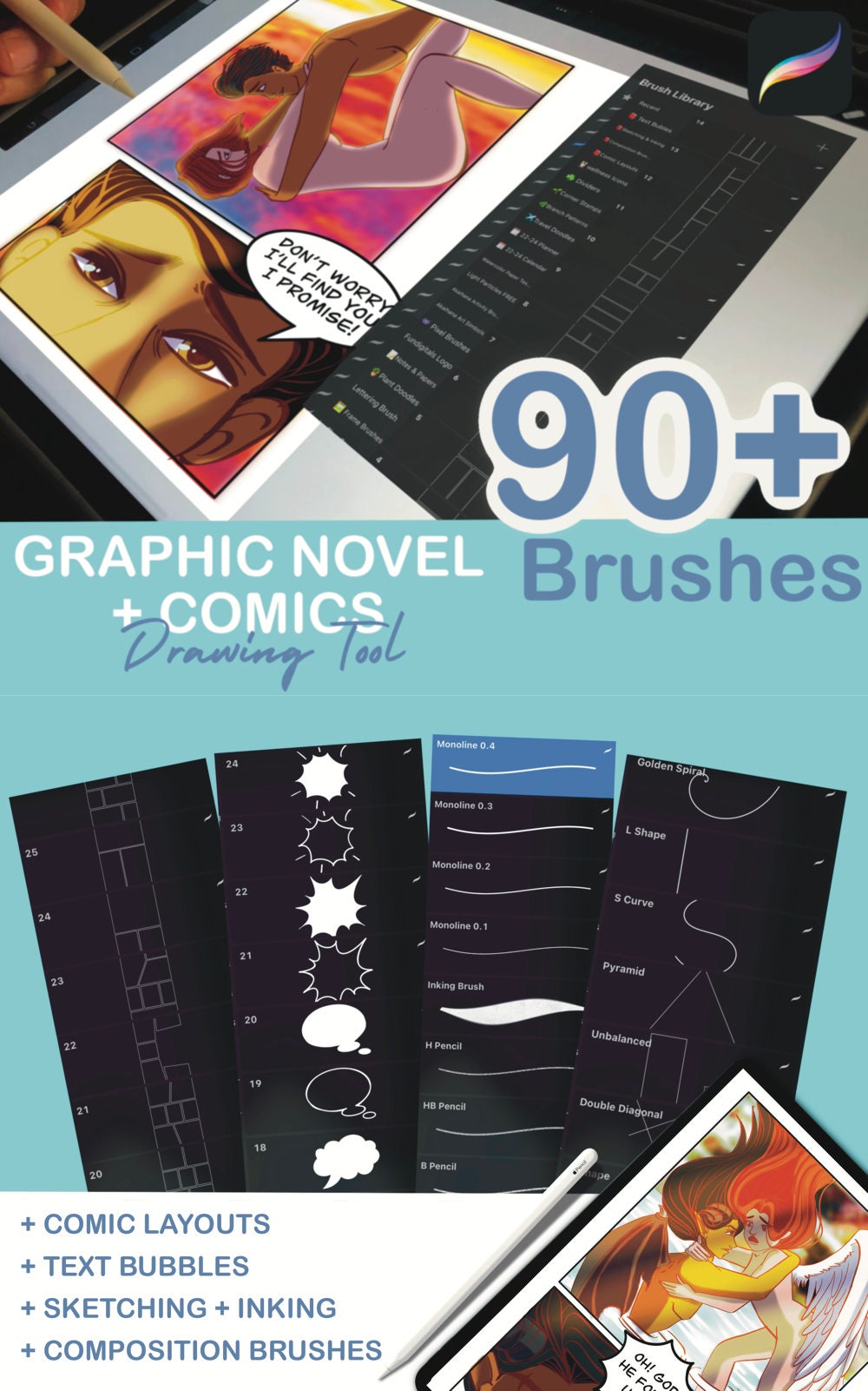 Comics and Graphicel Procreate Brushes Page Layouts, Text Bubbles ...