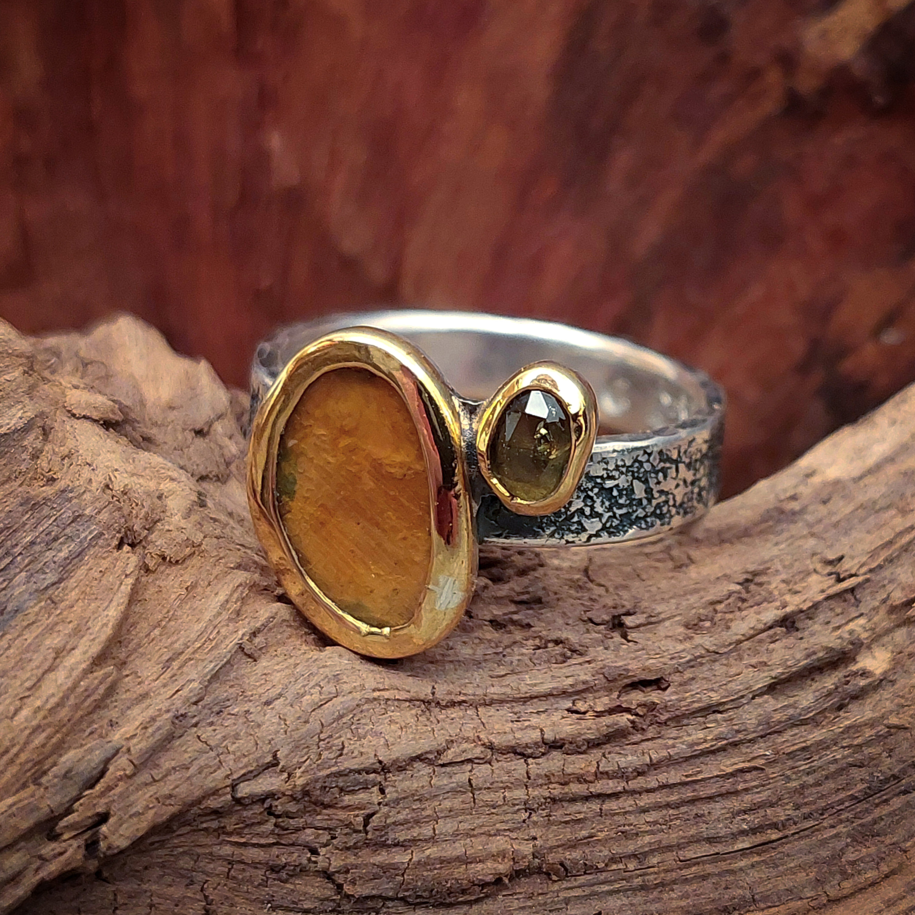 Sterling Silver and 23k Gold Ring With Natural Yellow and Green ...