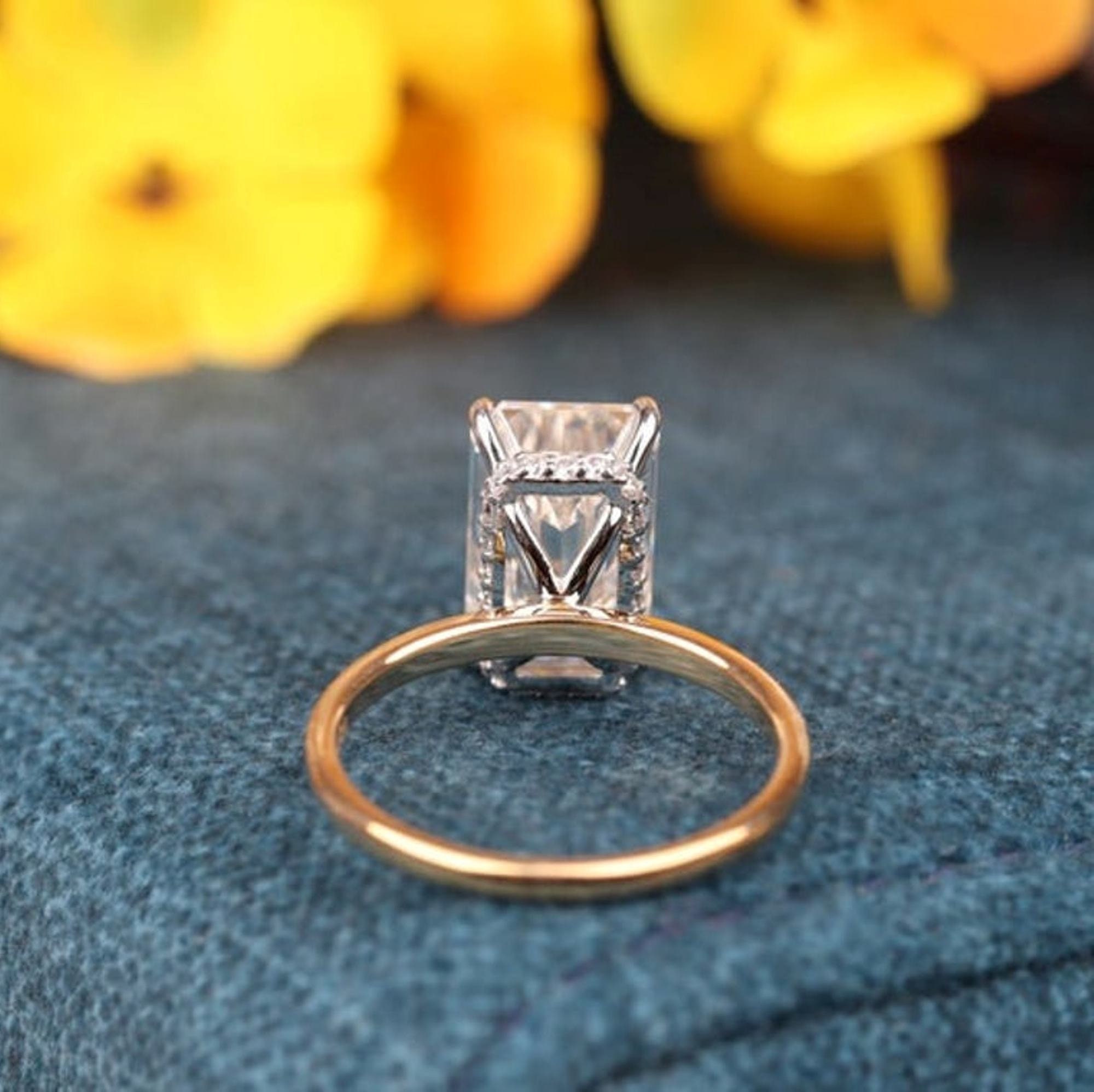 Emerald Cut Moissanite Ring Unique Engagement Ring White Gold Etsy