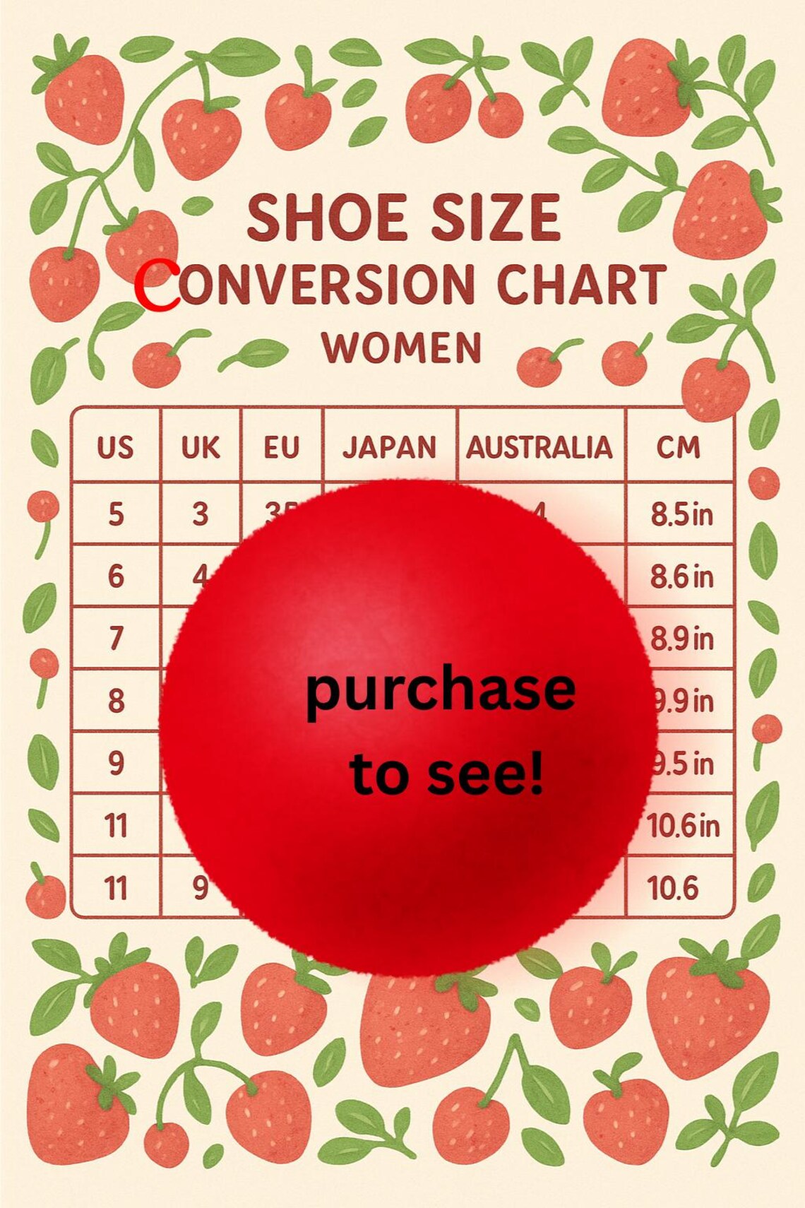 Shoes Size Conversion Chart Womens Strawberry Themed! Easy to Use and ...