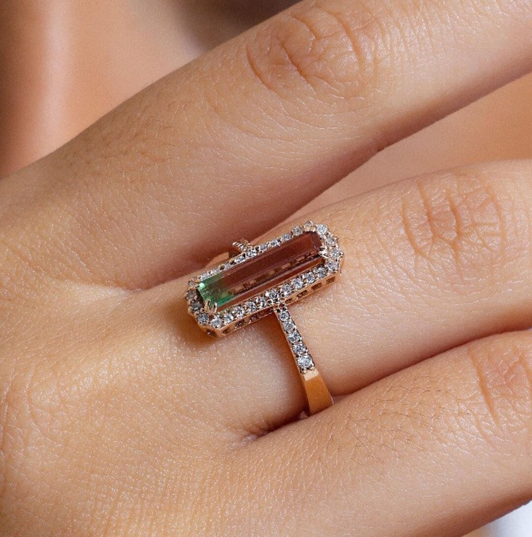 Watermelon Tourmaline Ring, Unique Engagement Ring, Bicolor Art Deco Baguette Ring, 925 Silver ...