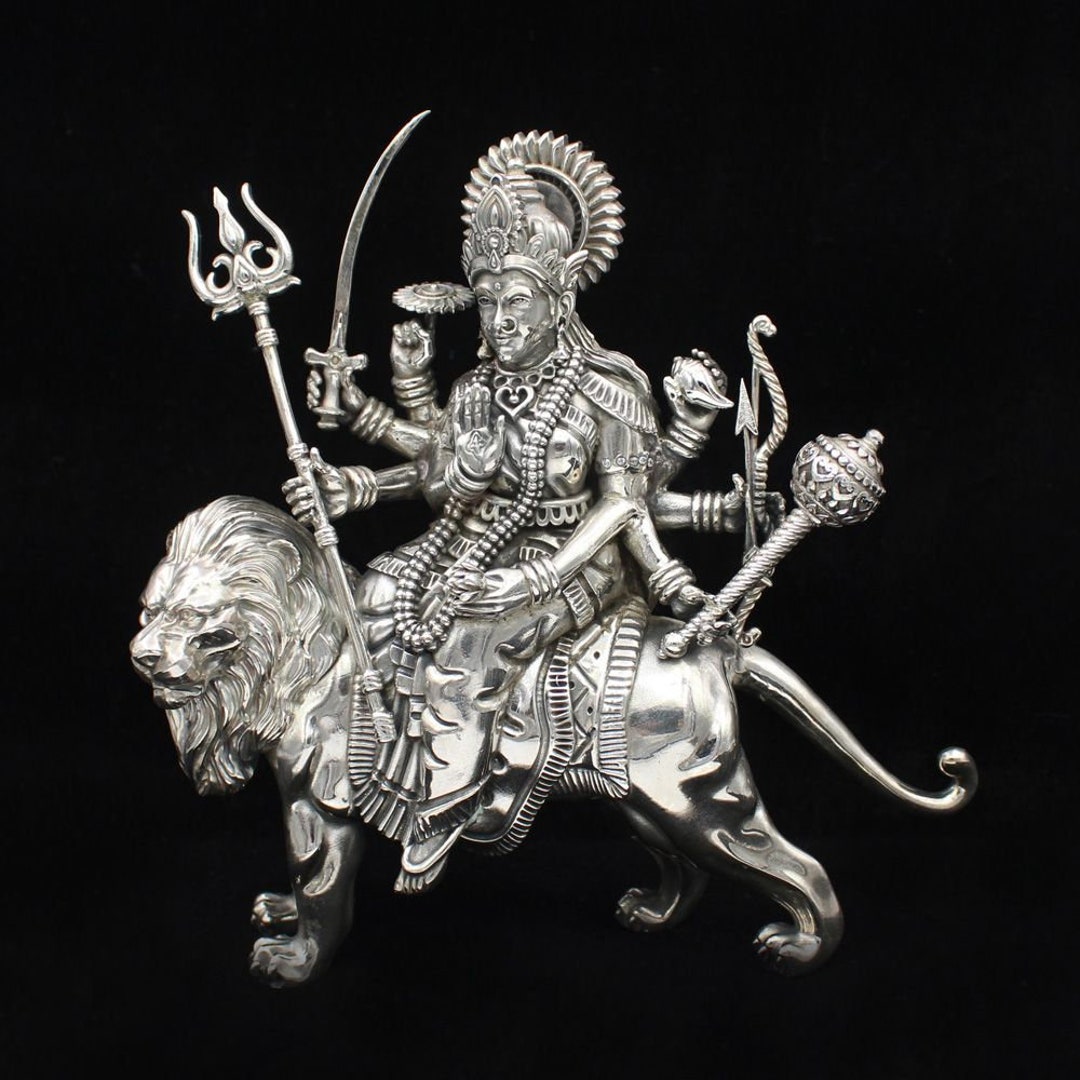 925 Pure Silver Durga Maa Statue, Durga Maa Idol Sitting on Lion Divine ...