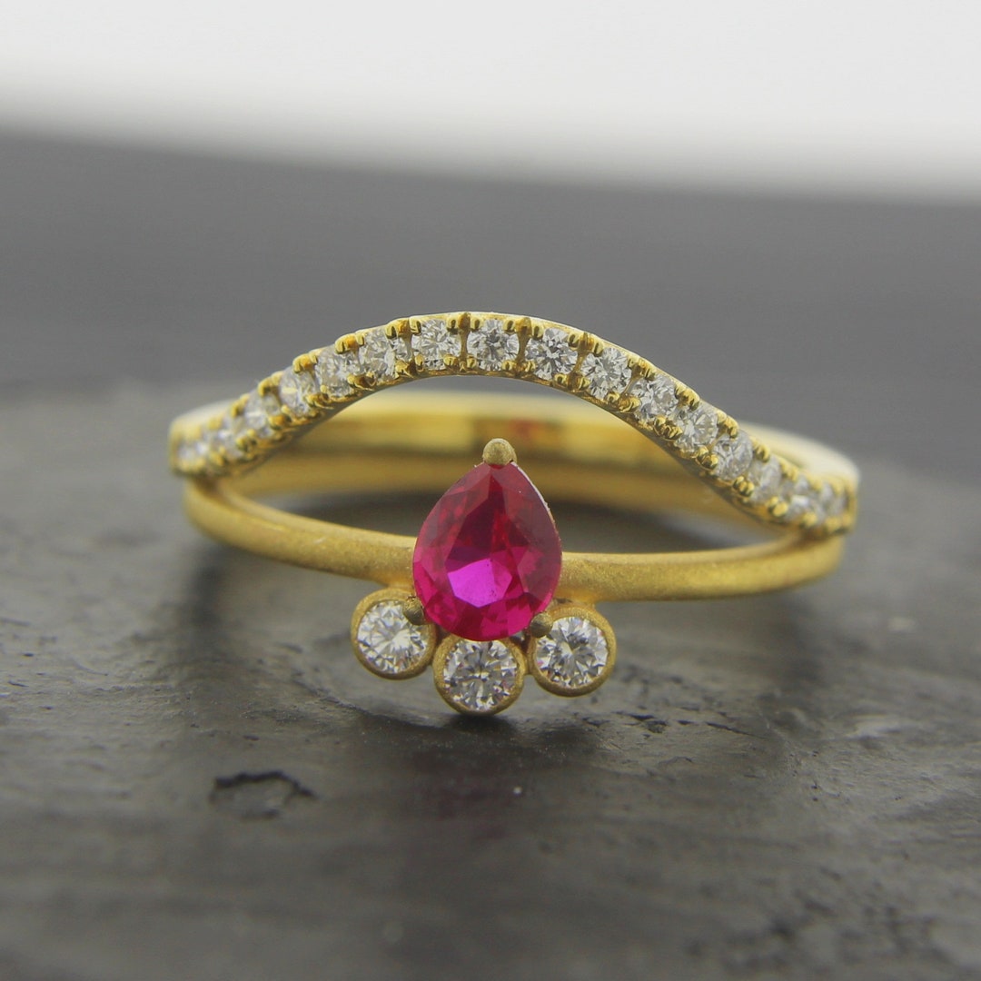 Unique Pear Shaped Ruby Engagement Ring Set in 14K Gold. Tear Drop ...