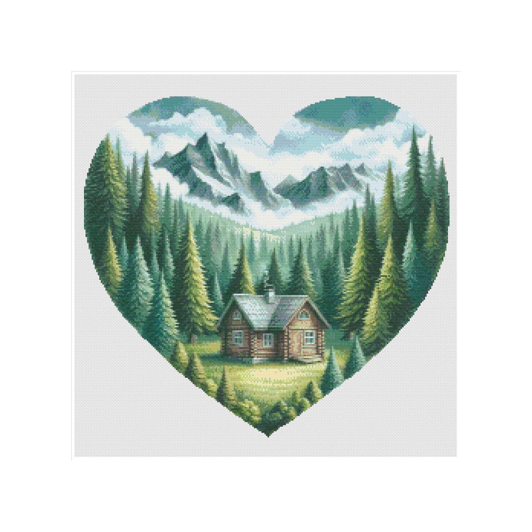 Cabin Cross Stitch, Cross Stitch Mountains, Wooden House Cross Stitch ...
