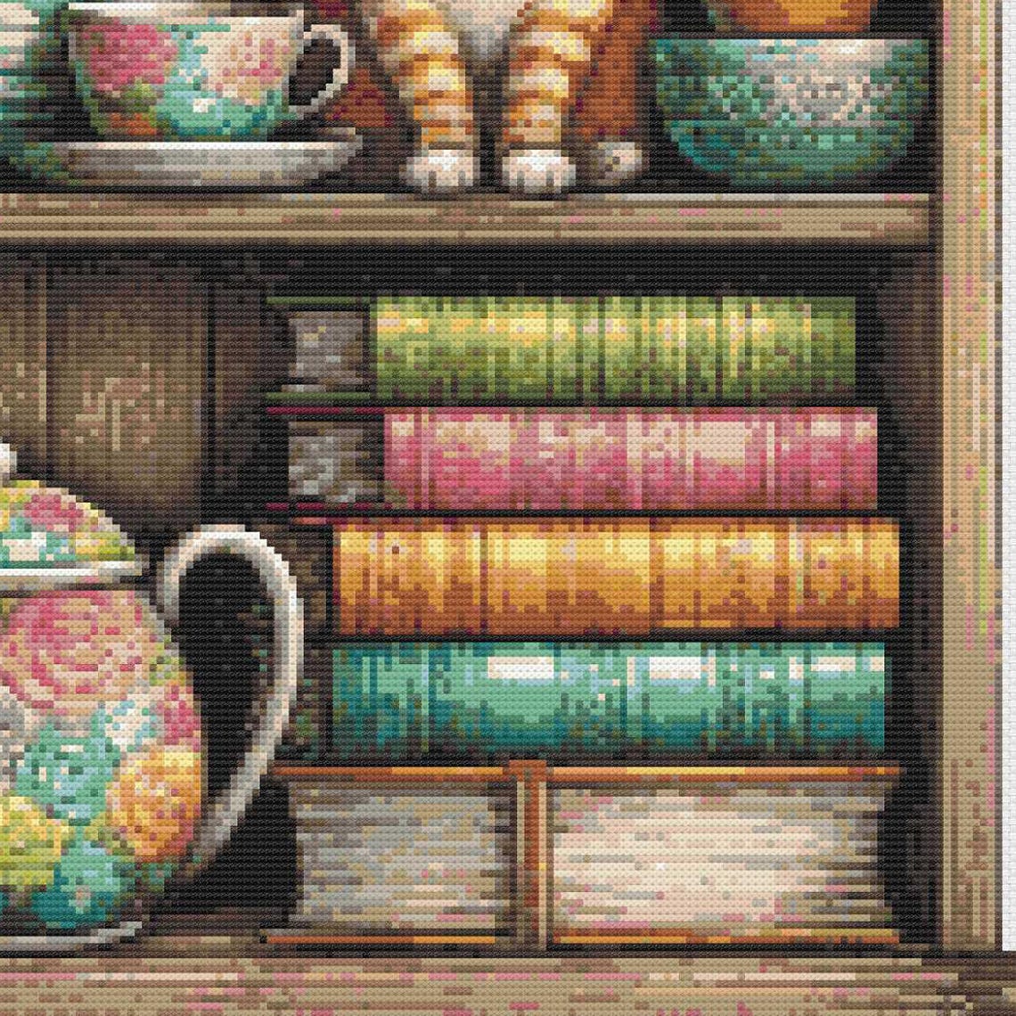 House Cross Stitch, Bookshelf Cross Stitch, Cross Stitch Books, Cat ...
