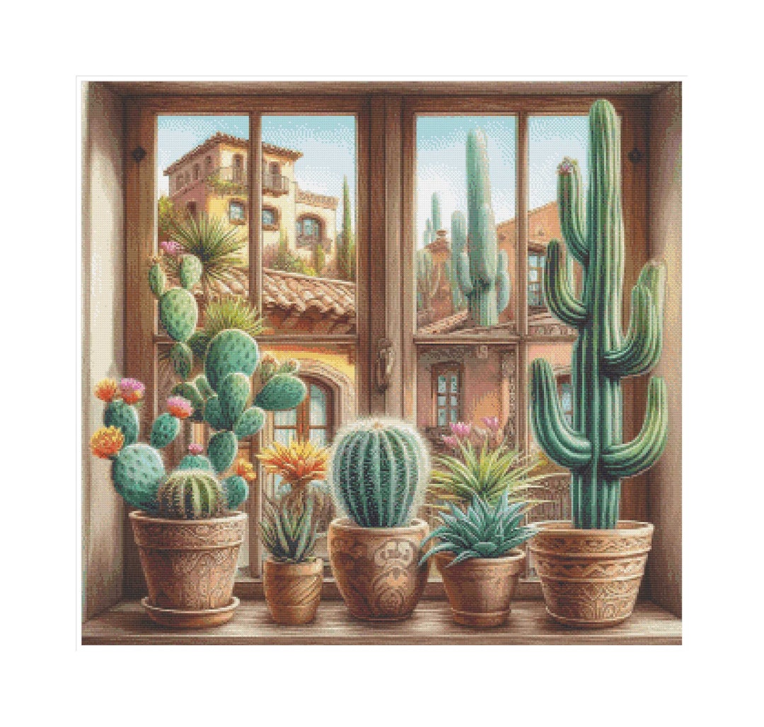 Cactus Cross Stitch, Village Cross Stitch, Cross Stitch Window, Cross ...