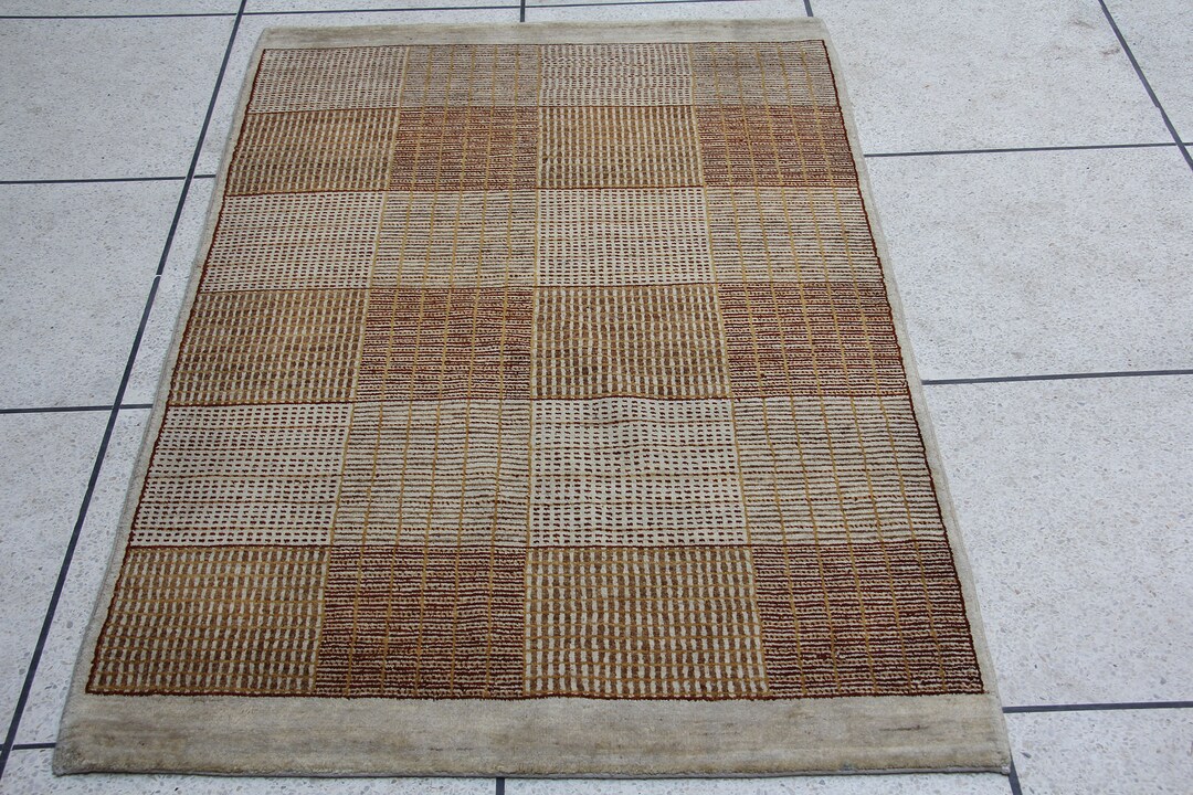 Checkered Rug, Brown and Beige Rug, 8x10 Area Rug, Bedroom Rug, Hand ...