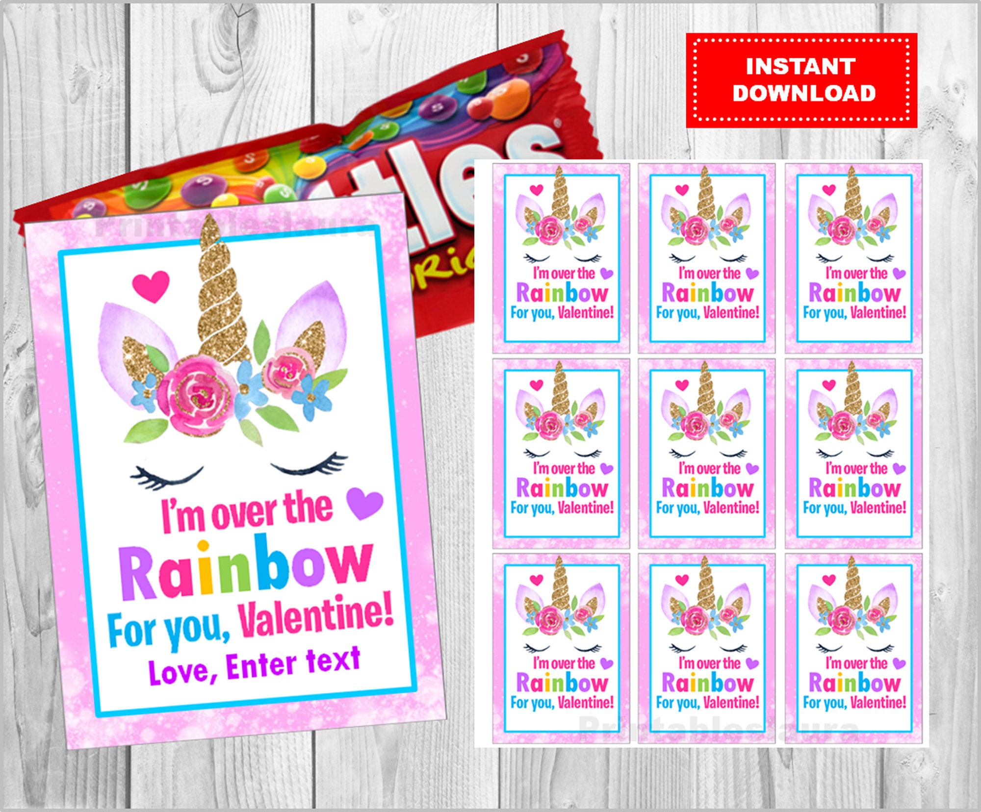 Rainbow Unicorn Valentines Printable DIY Instant Download | Etsy