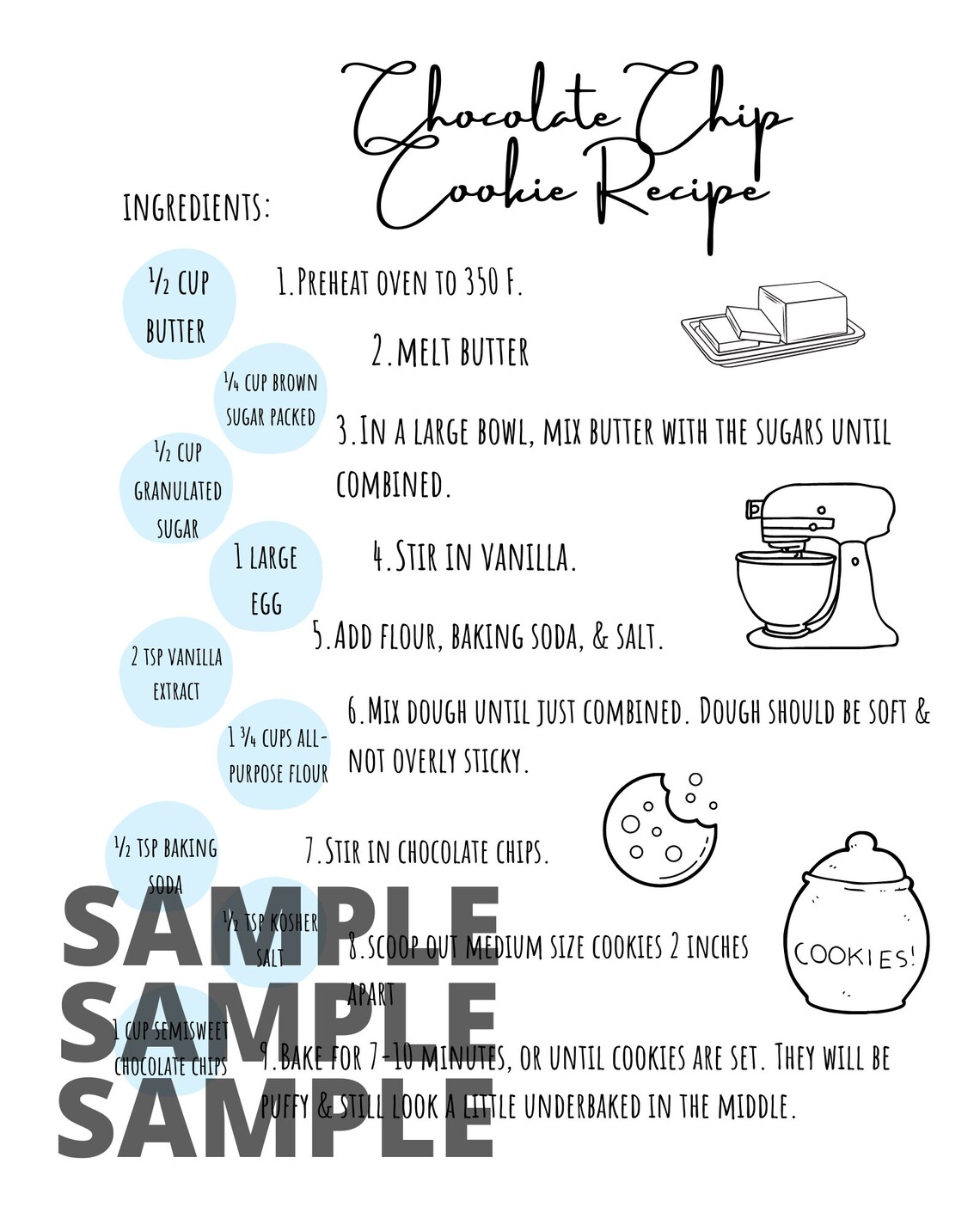 Chocolate Chip Cookie Illustrated Recipe Digital Download - Etsy