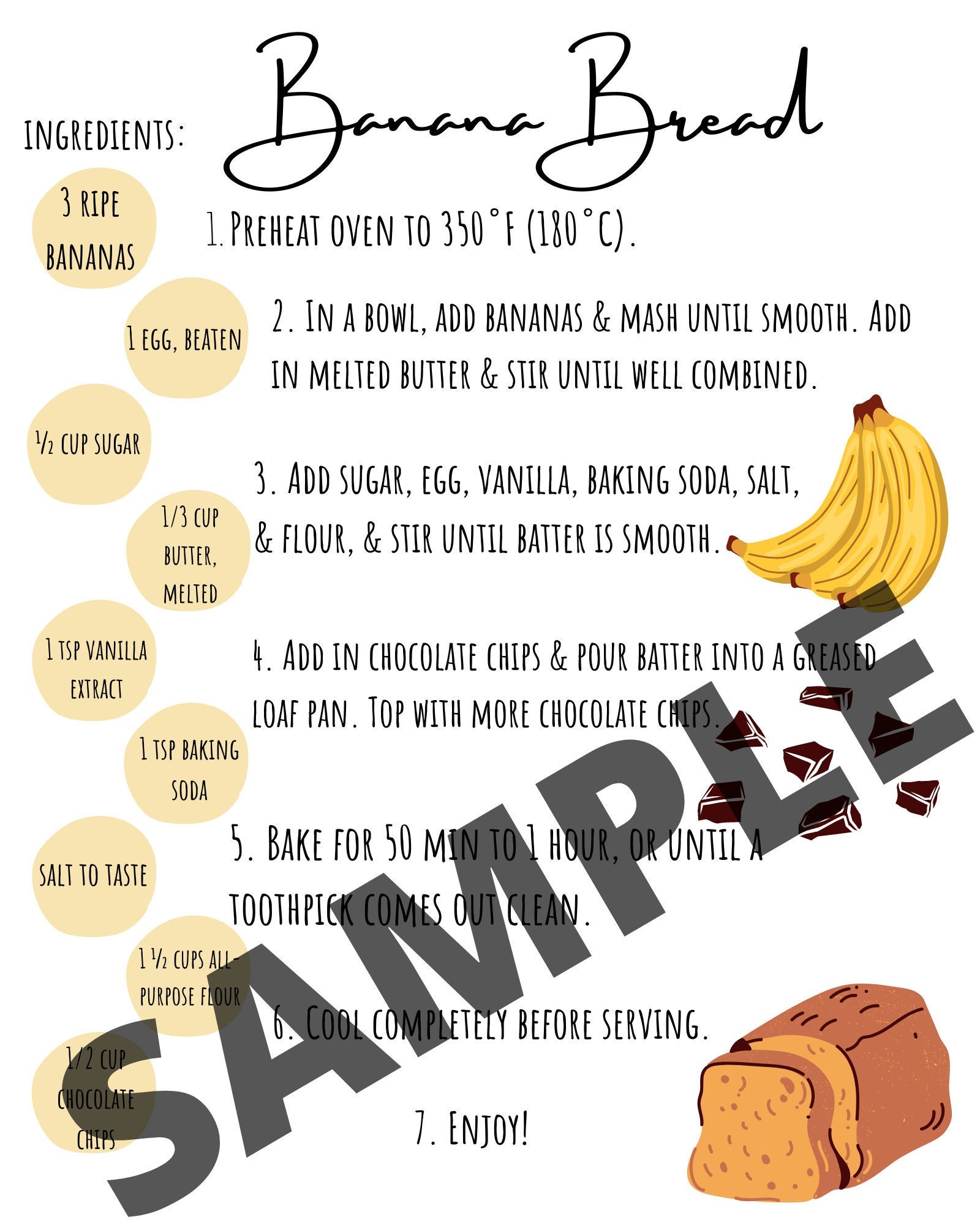 Banana Bread Illustrated Recipe Digital Download - Etsy
