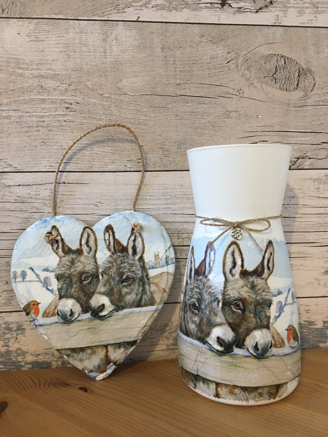 Hand Made Donkeys and Robin Vase and Matching Hanging Heart - Etsy