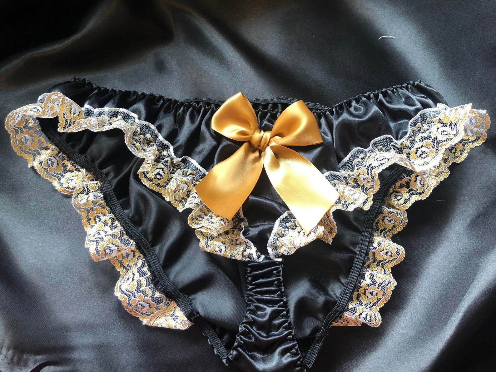 Black Satin Sissy Panties Golden Lace And Bow For Men All Etsy
