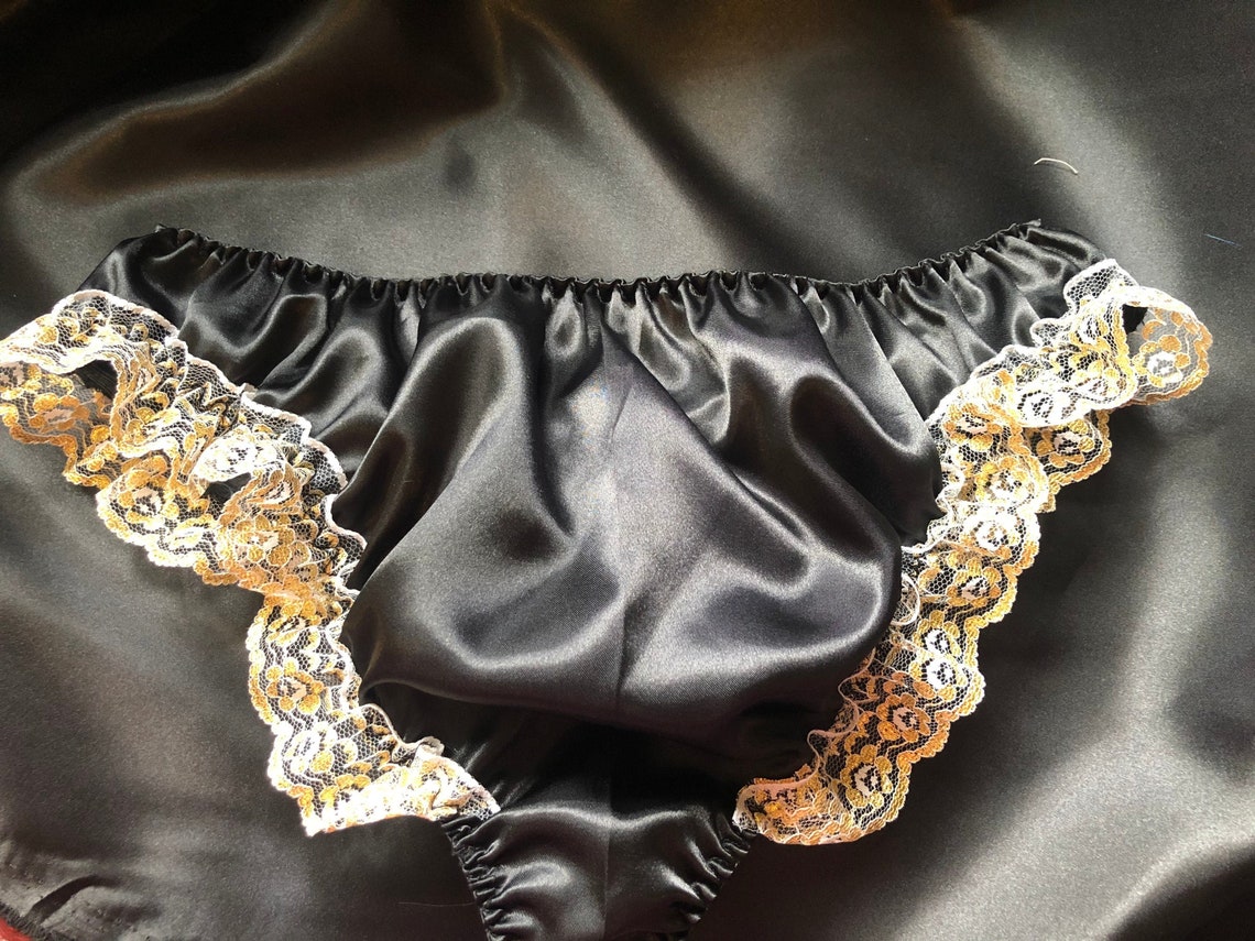 Black Satin Sissy Panties Golden Lace And Bow For Men All Etsy