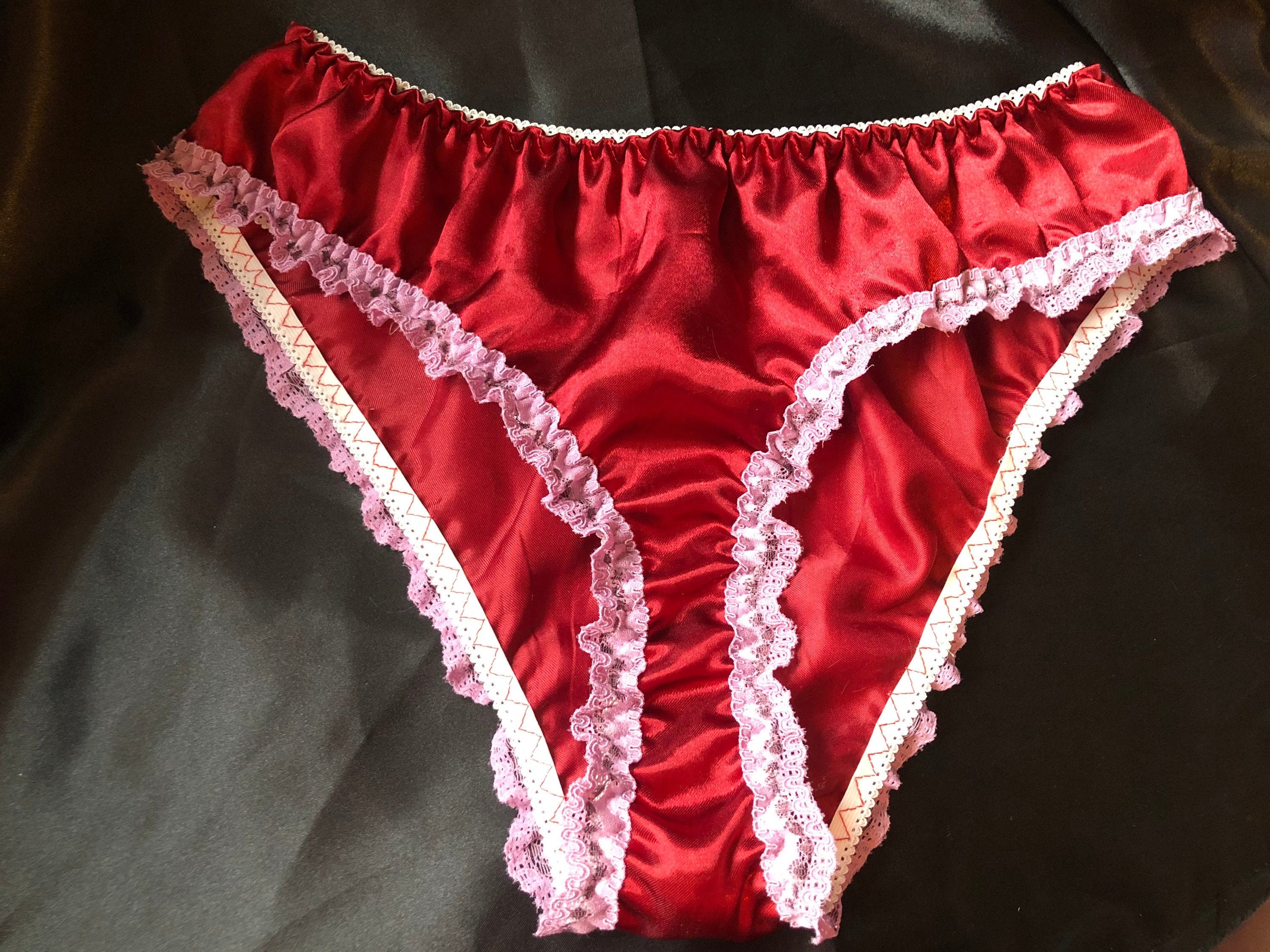 Red Wine Satin Sissy Frilly Panties Thong With Lace Trim For Etsy