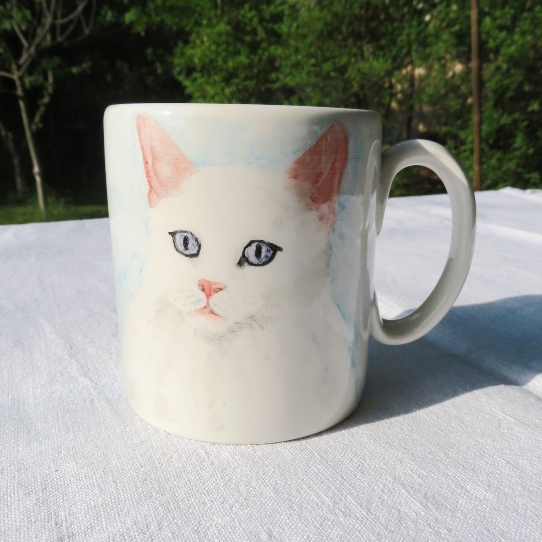 White Cat Pottery Mug, Hand Paint Cat Ceramic Cup, OOAK Italy Pet Art ...
