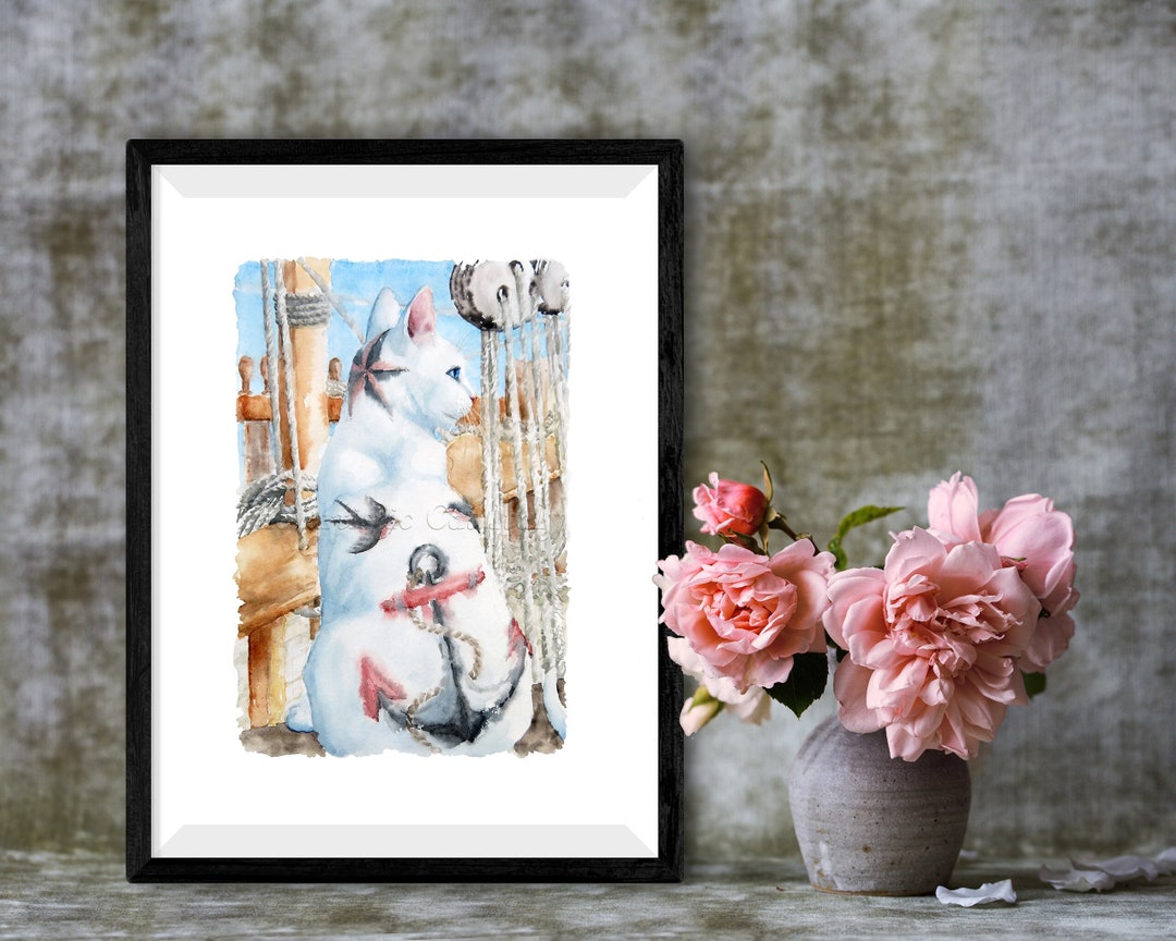 Calico Cat, Old School Tattoo Cat, Original Watercolor Print, Italy Pet ...