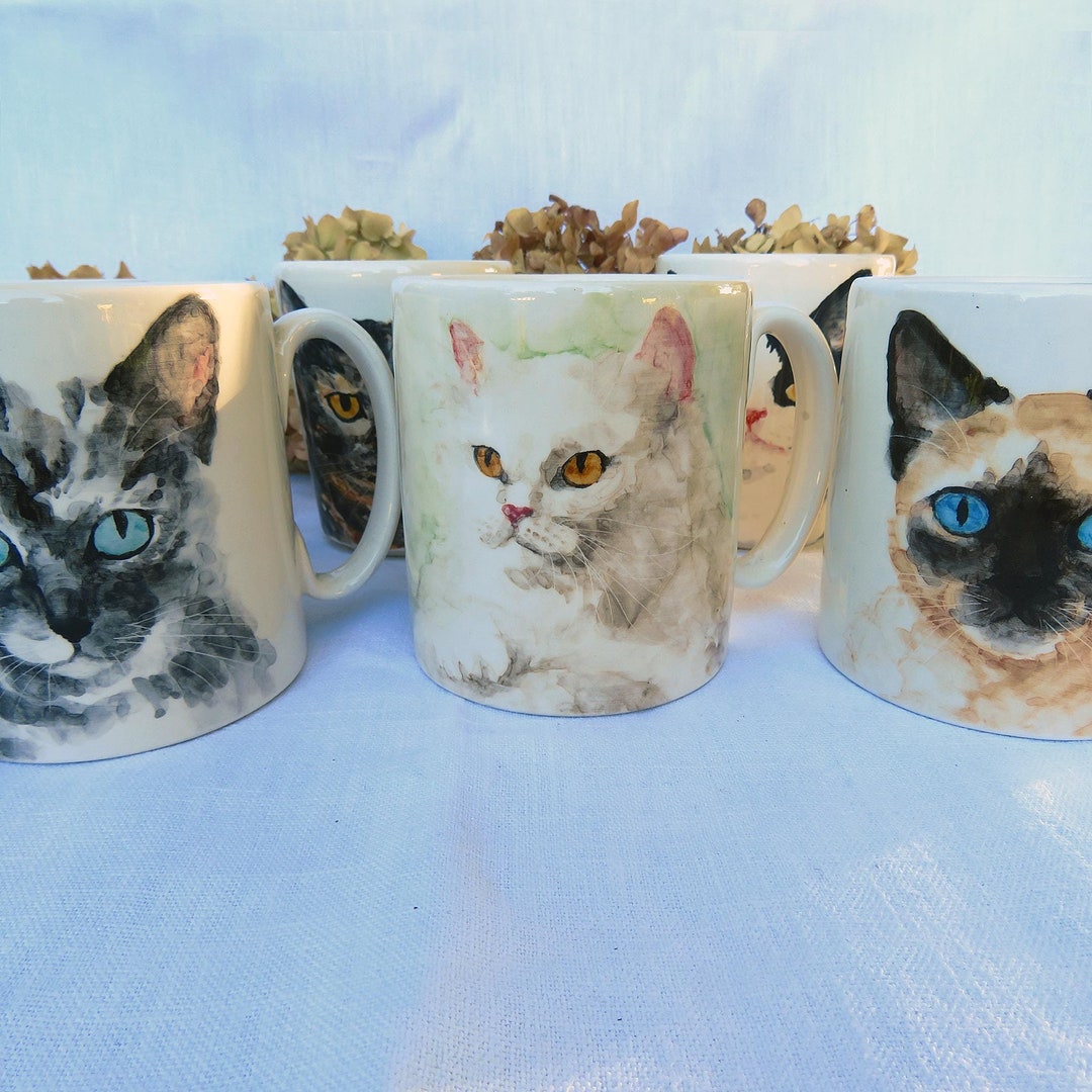 Custom Cat Ceramic Mug, Hand Paint Cat Pottery Cup, OOAK Italy Pet Art ...