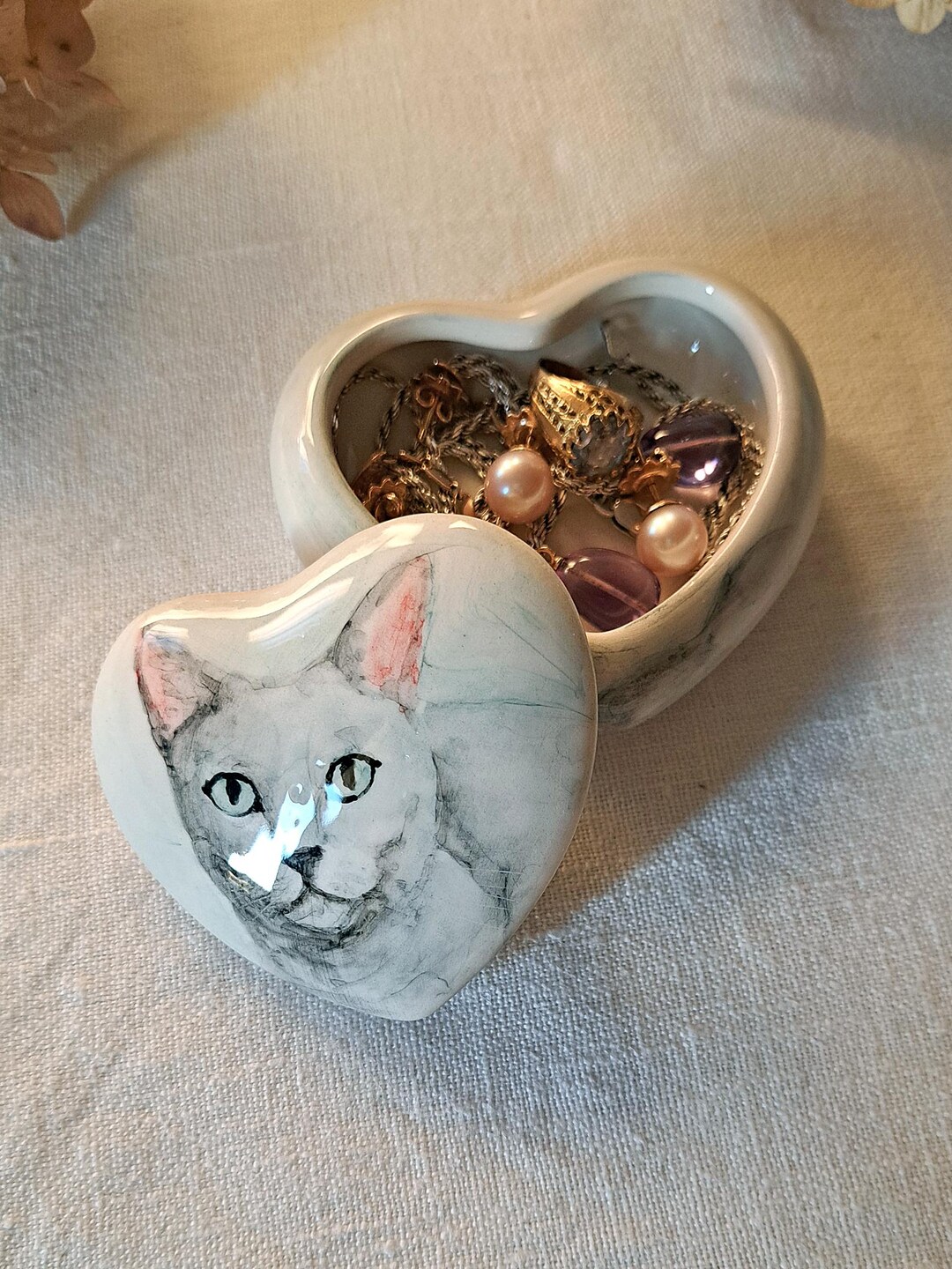 Russian Blue Cat Ceramic Jewellery Box, Hand Painted Pottery Heart Tray ...