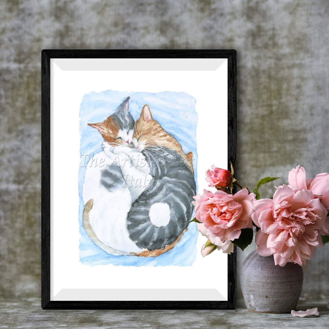 Original Cat Print, Esoteric Cat Artwork, Kitty Watercolor, Yin Yang ...