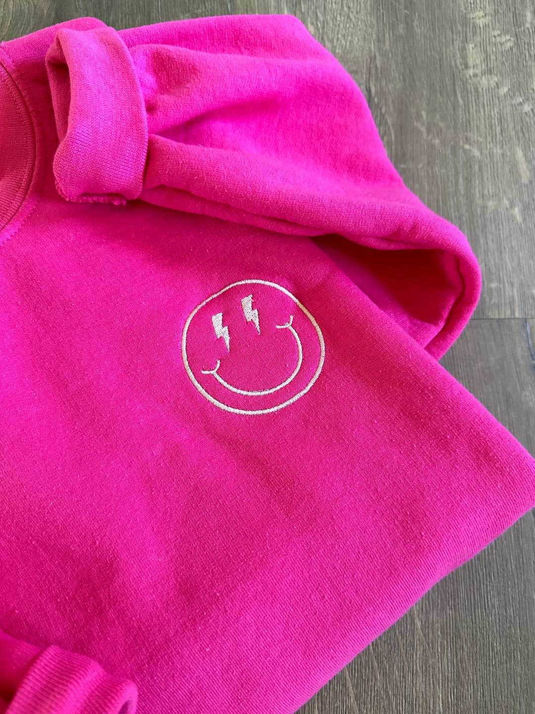 Lightening Bold Smiley Face | Embroidered Sweatshirt | Crew Neck ...