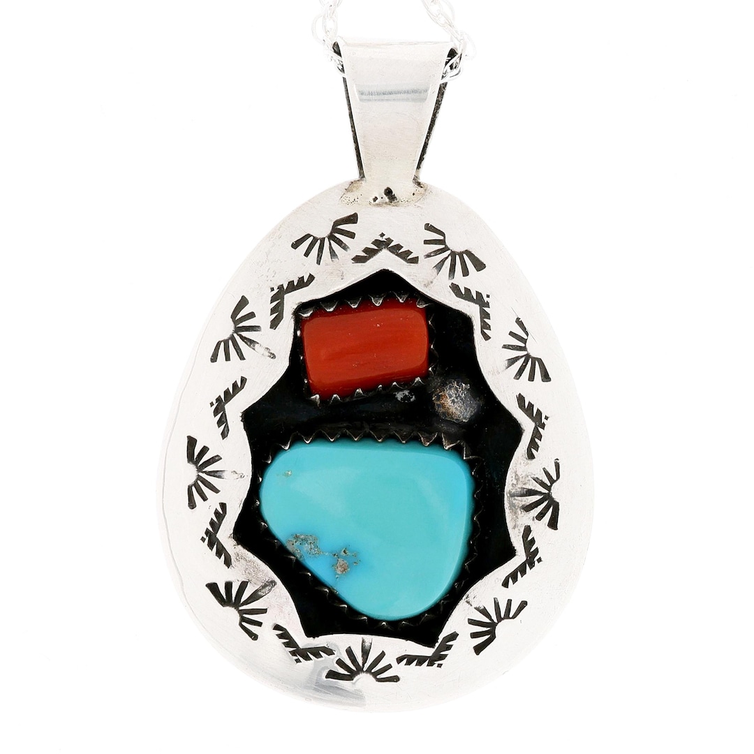Vintage Navajo Turquoise Coral Teddy Goodluck TG Charm Pendant Chain ...