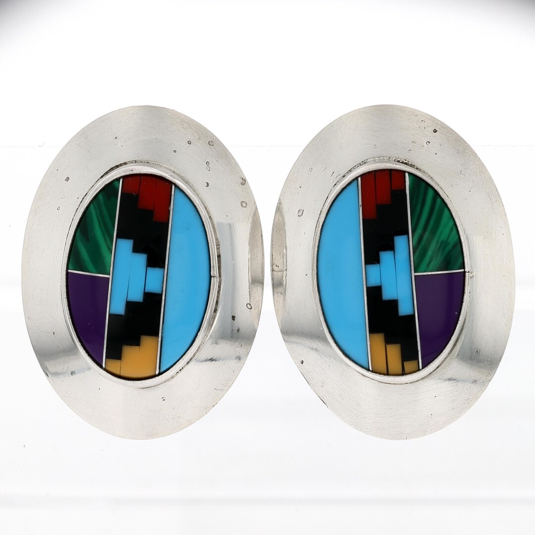 Vintage Navajo Multi-stone Inlay Sterling Silver 925 Earrings Turquoise ...