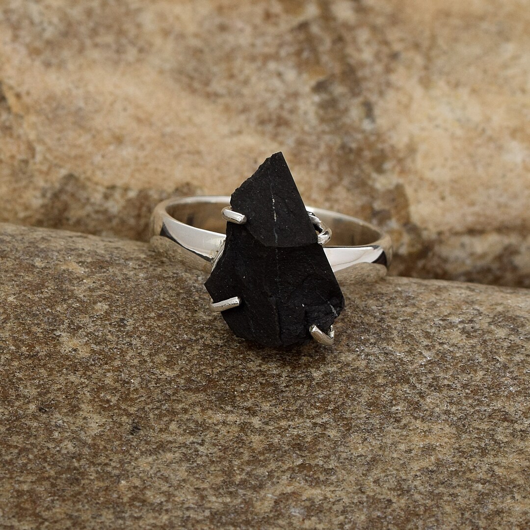 Natural Shungite Ring, 925 Sterling Silver Ring Raw Pain Relief Ring ...