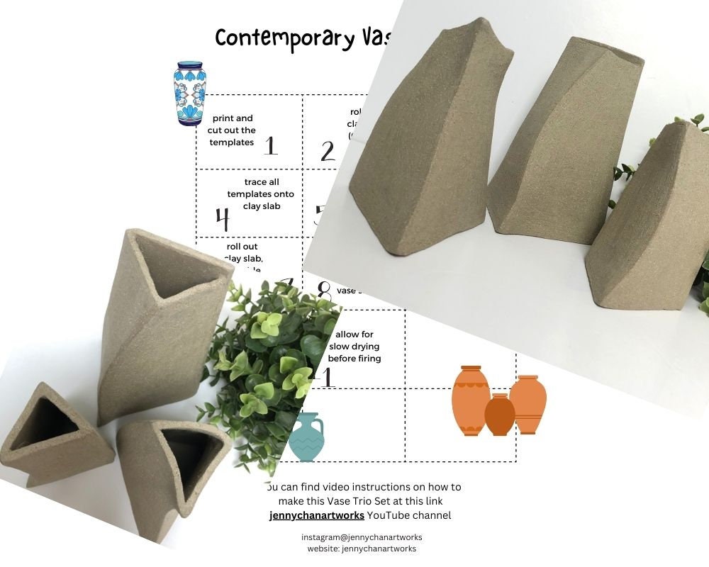 Ceramic Vases Trio Design Tutorial. Easy Slab Pottery Template Project ...