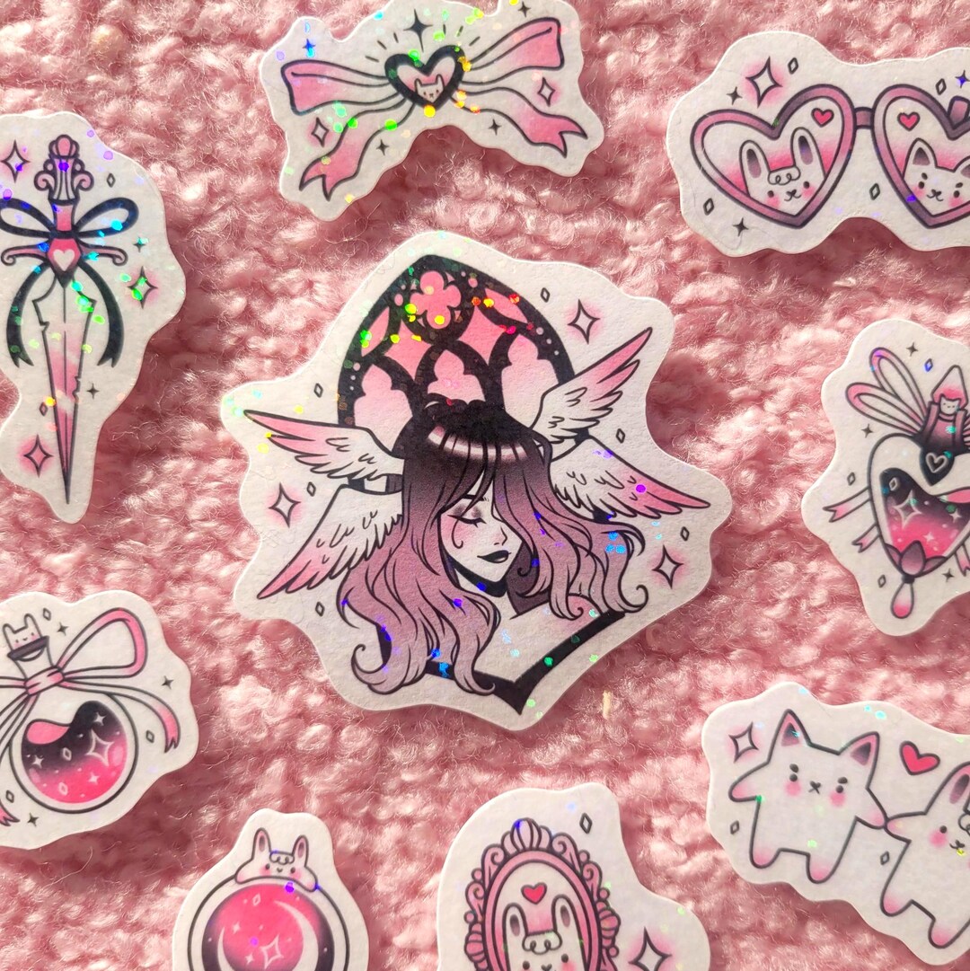Cute Inktober Tattoo Style Girl and Bunny Stickers: Water Resistant ...