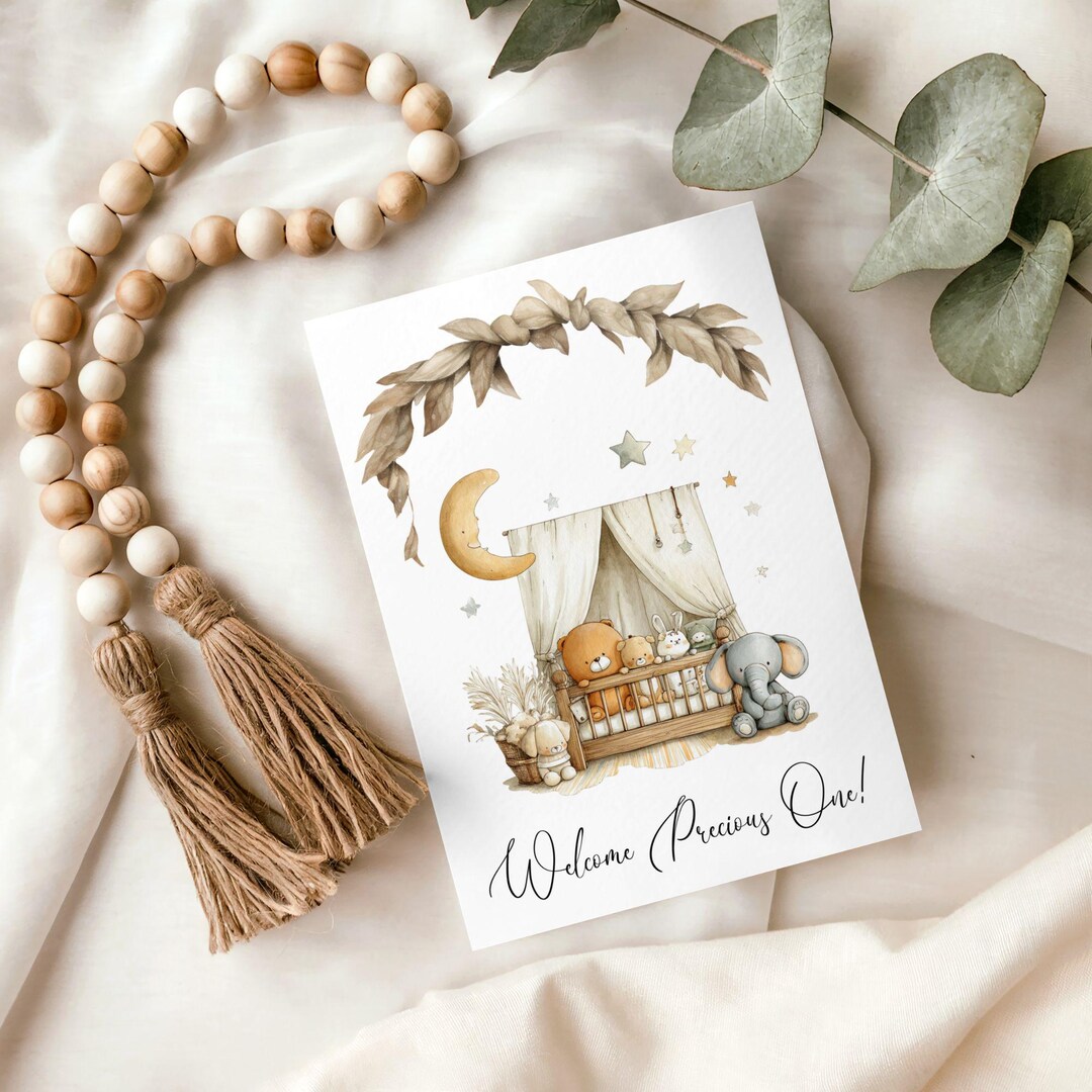 Beautiful New Baby Card, Gender Neutral Baby Crib and Toys, Modern ...