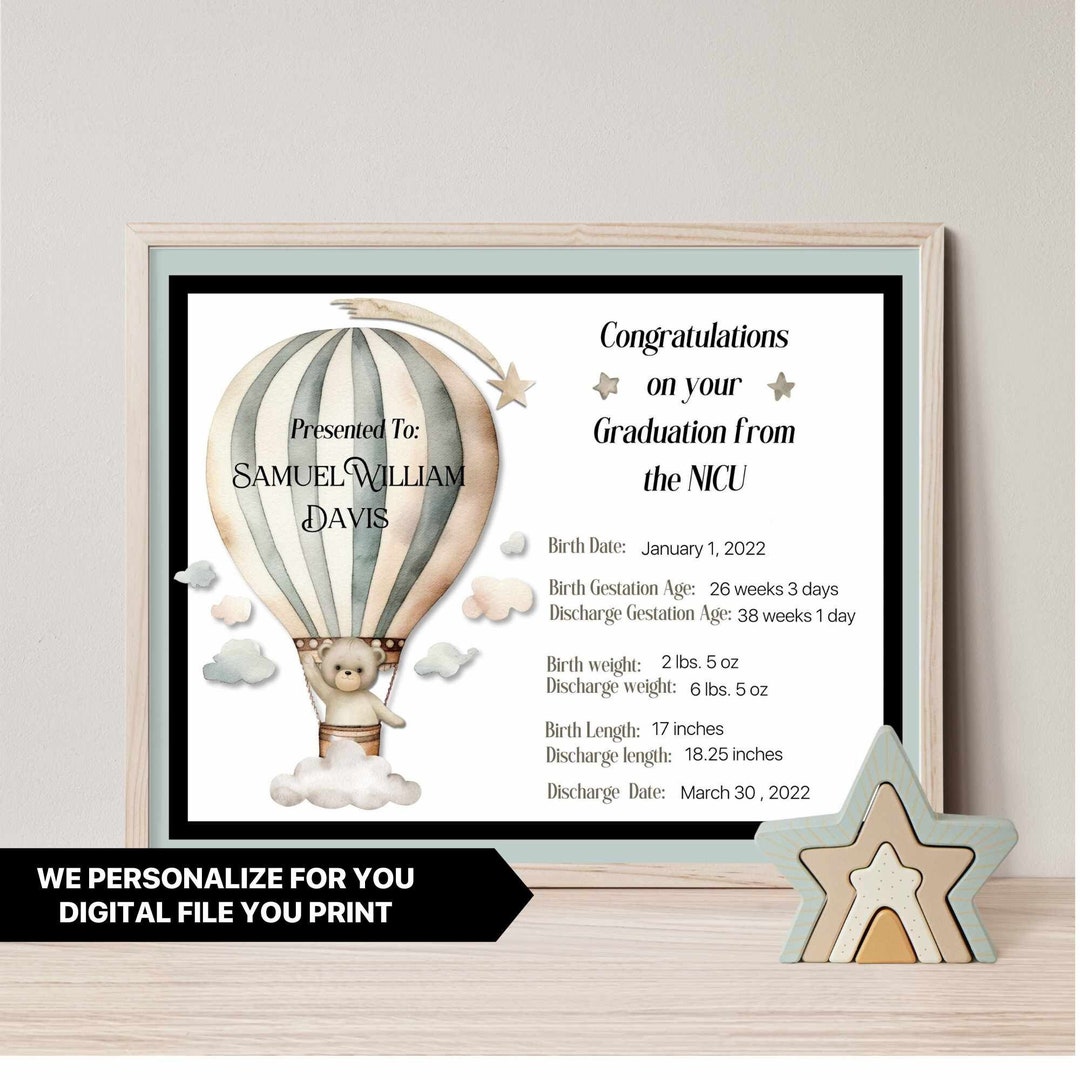 Personalized Boy Bear Hot Air Balloon NICU Graduation Certificate ...