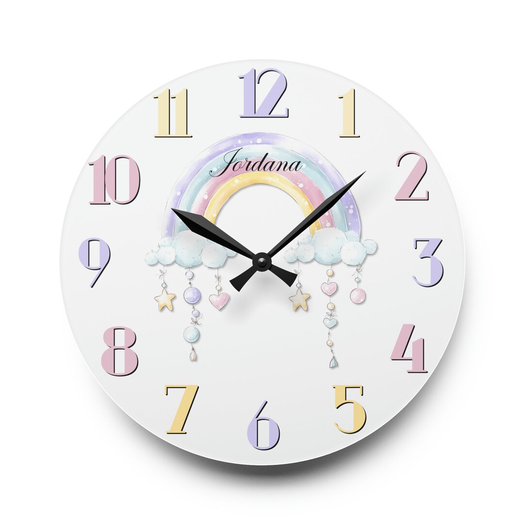 Personalized Rainbow Clock, Square or Round, Custom Name Nursery Clock ...
