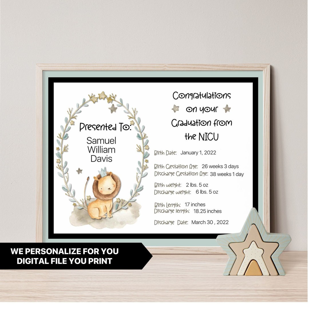 Personalized Boy Safari Lion NICU Graduation Certificate,nicu Milestone ...