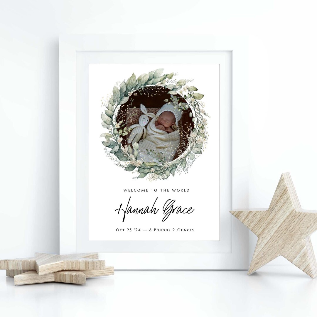 Personalized New Born Baby Photo Print, Baby Stats, Boho Greenery, New ...