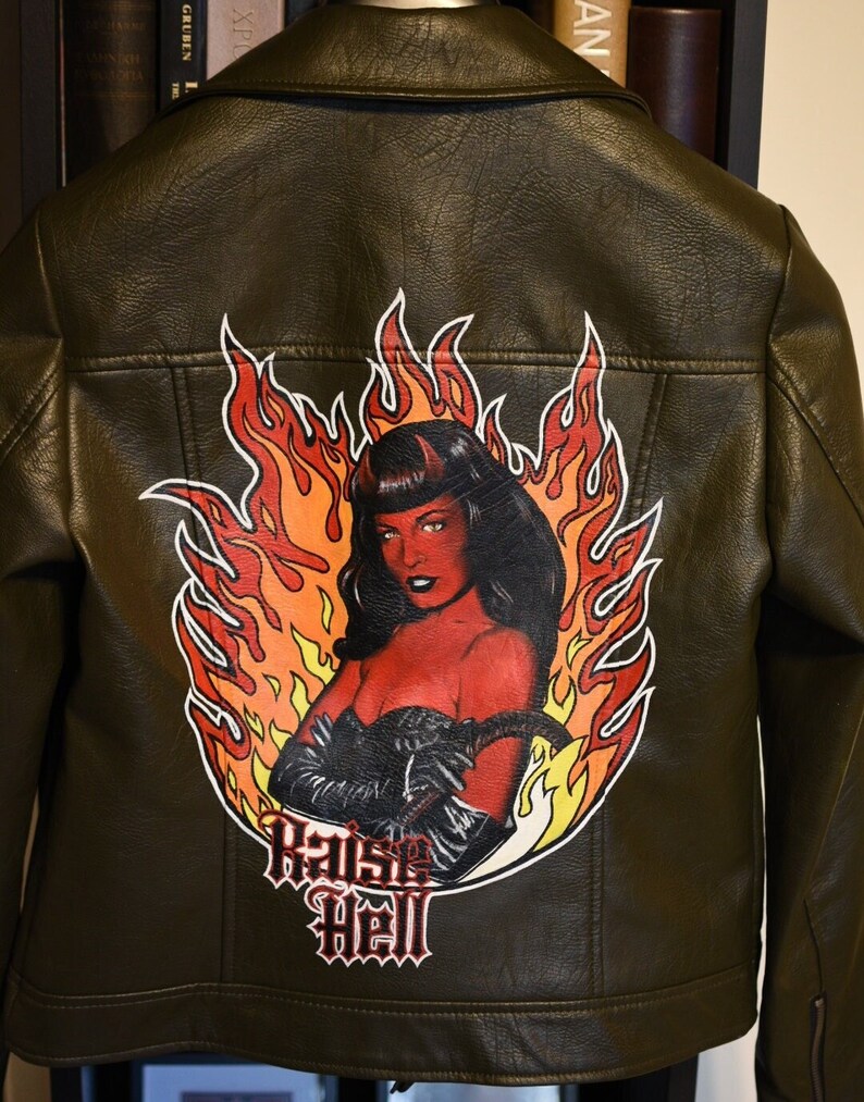 Raise Hell, Hand Painted, Olive Green, Vegan Leather Biker Jacket. Size M - Etsy