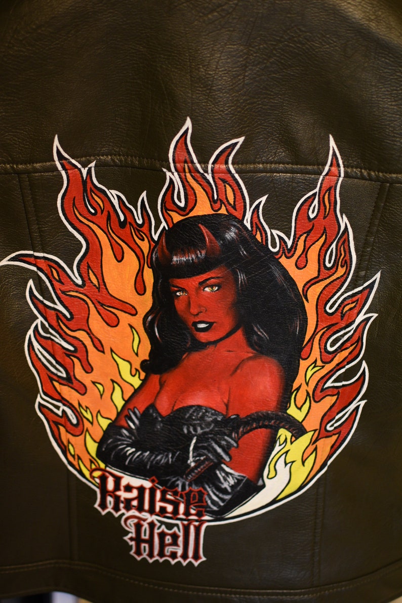 Raise Hell, Hand Painted, Olive Green, Vegan Leather Biker Jacket. Size M - Etsy