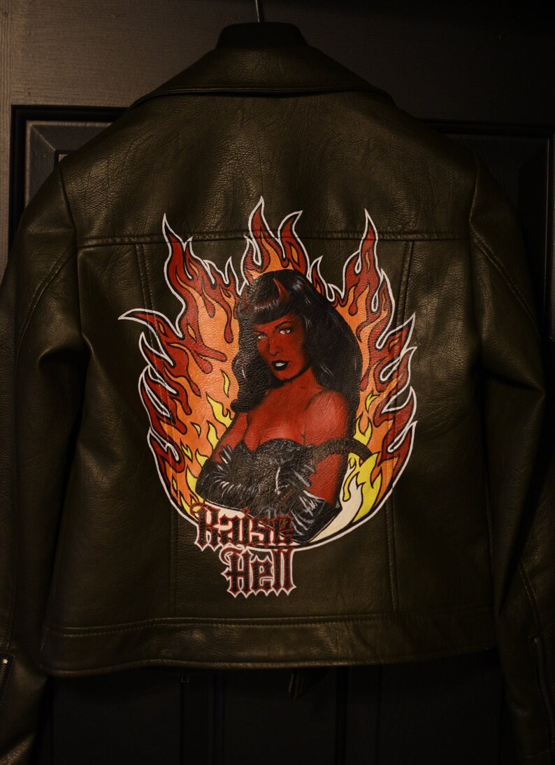 Raise Hell, Hand Painted, Olive Green, Vegan Leather Biker Jacket. Size M - Etsy