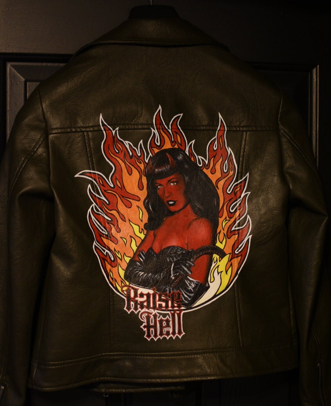 Raise Hell, Hand Painted, Olive Green, Vegan Leather Biker Jacket. Size M - Etsy