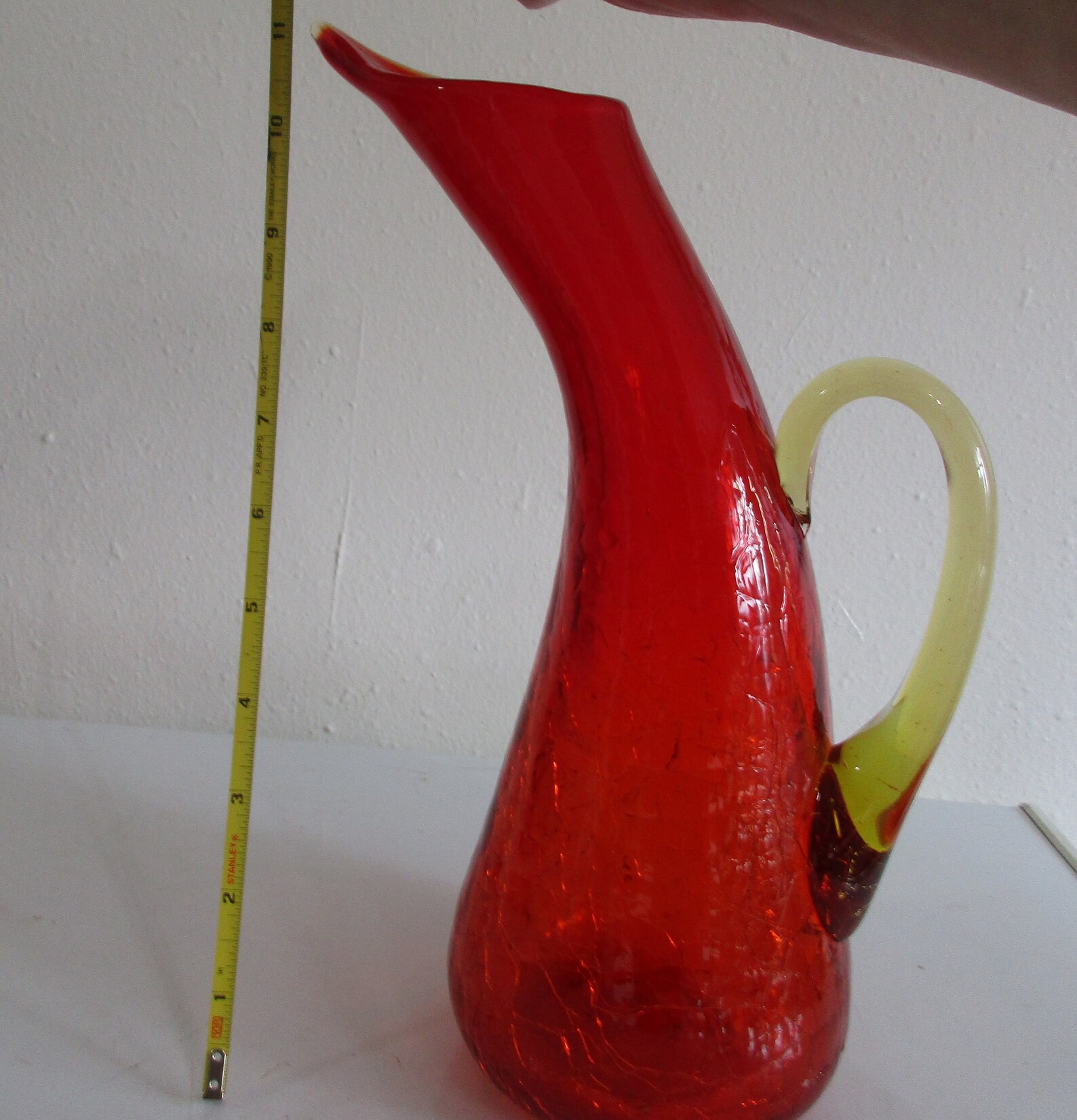 MCM Rainbow Glass Bent Neck Pitcher, Orange Crackle With Applied Handle ...