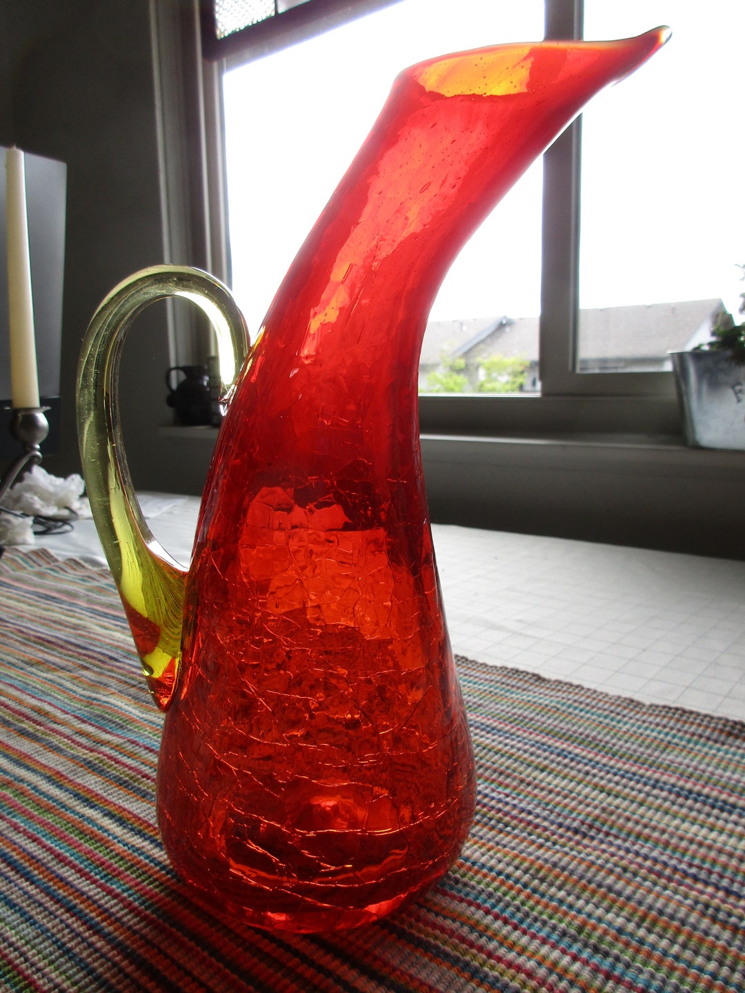 MCM Rainbow Glass Bent Neck Pitcher, Orange Crackle With Applied Handle ...
