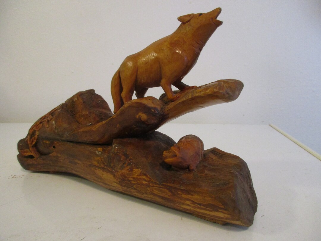 Vintage/antique? Primitive Folk Art Howling Wolf and Hiding Lamb Wood ...