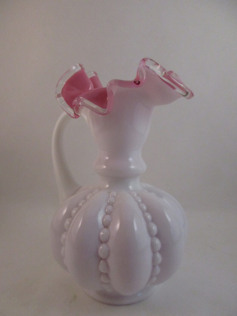 Vintage Fenton Pink and White Cased Peach Crest Pitcher/vase, Beaded ...