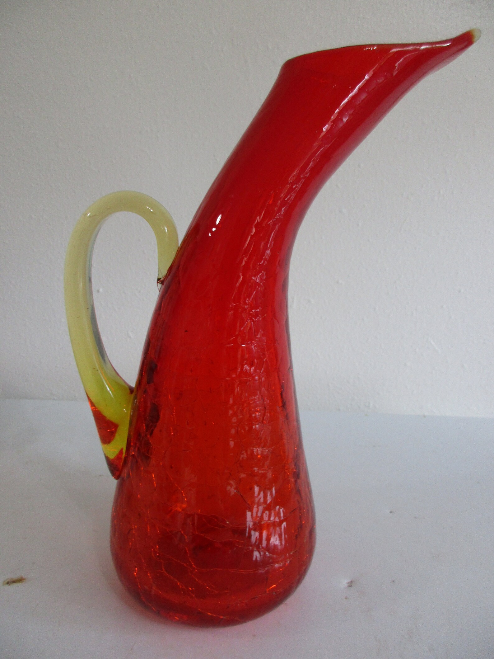 MCM Rainbow Glass Bent Neck Pitcher, Orange Crackle With Applied Handle ...